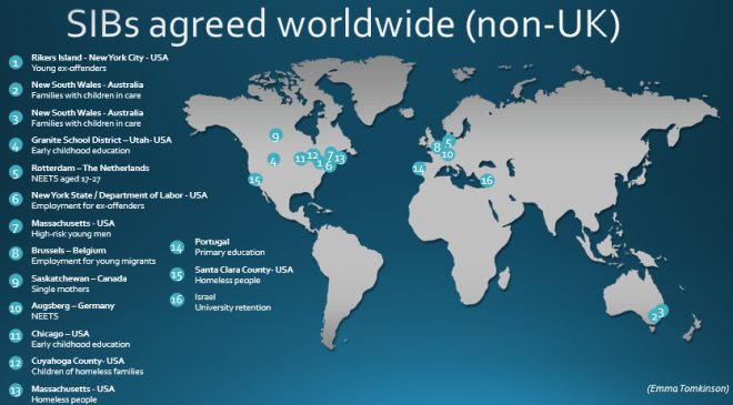 Social Impact Bond (SIB) UK v. world map | Emma Tomkinson